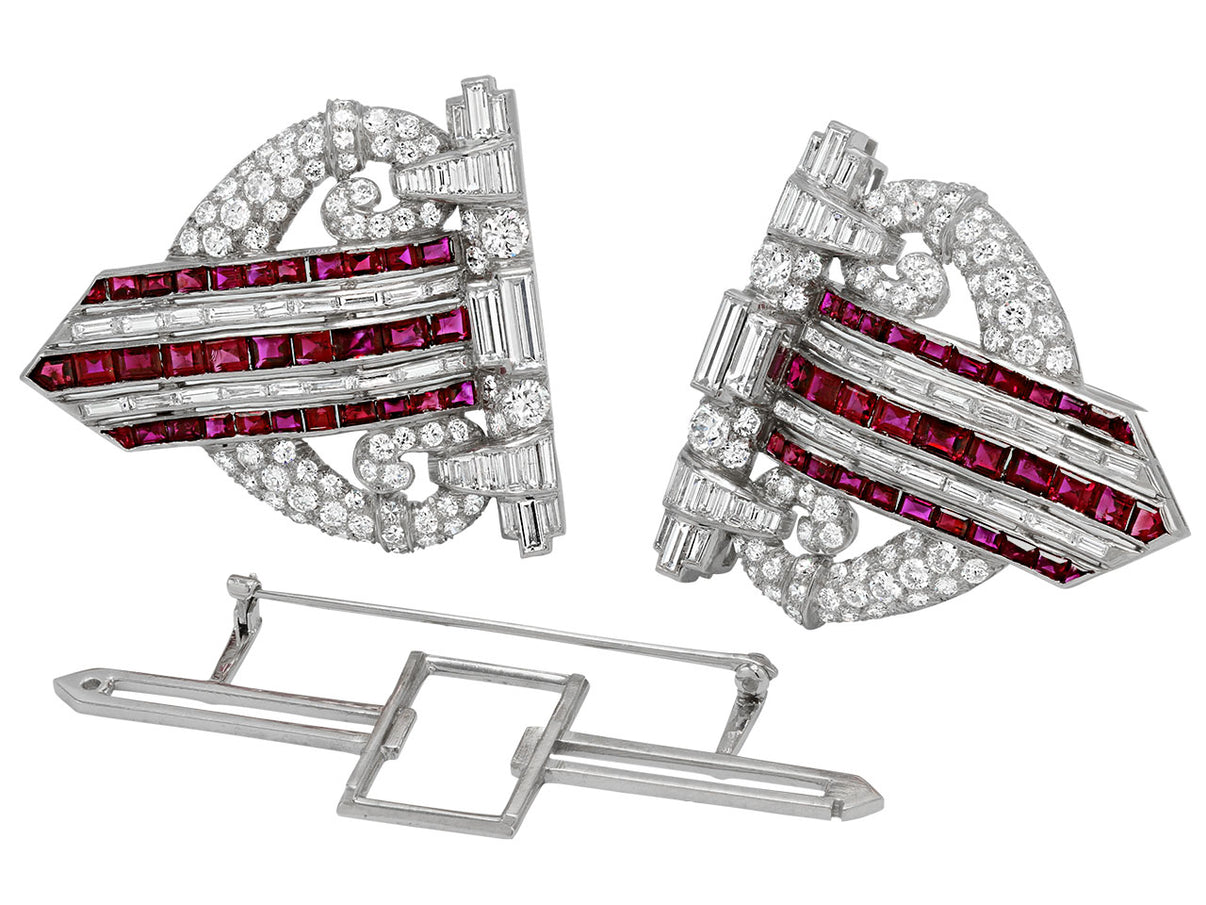 Art Deco Ruby and Diamond Double Clip Brooch in Plat #501570 – Beladora